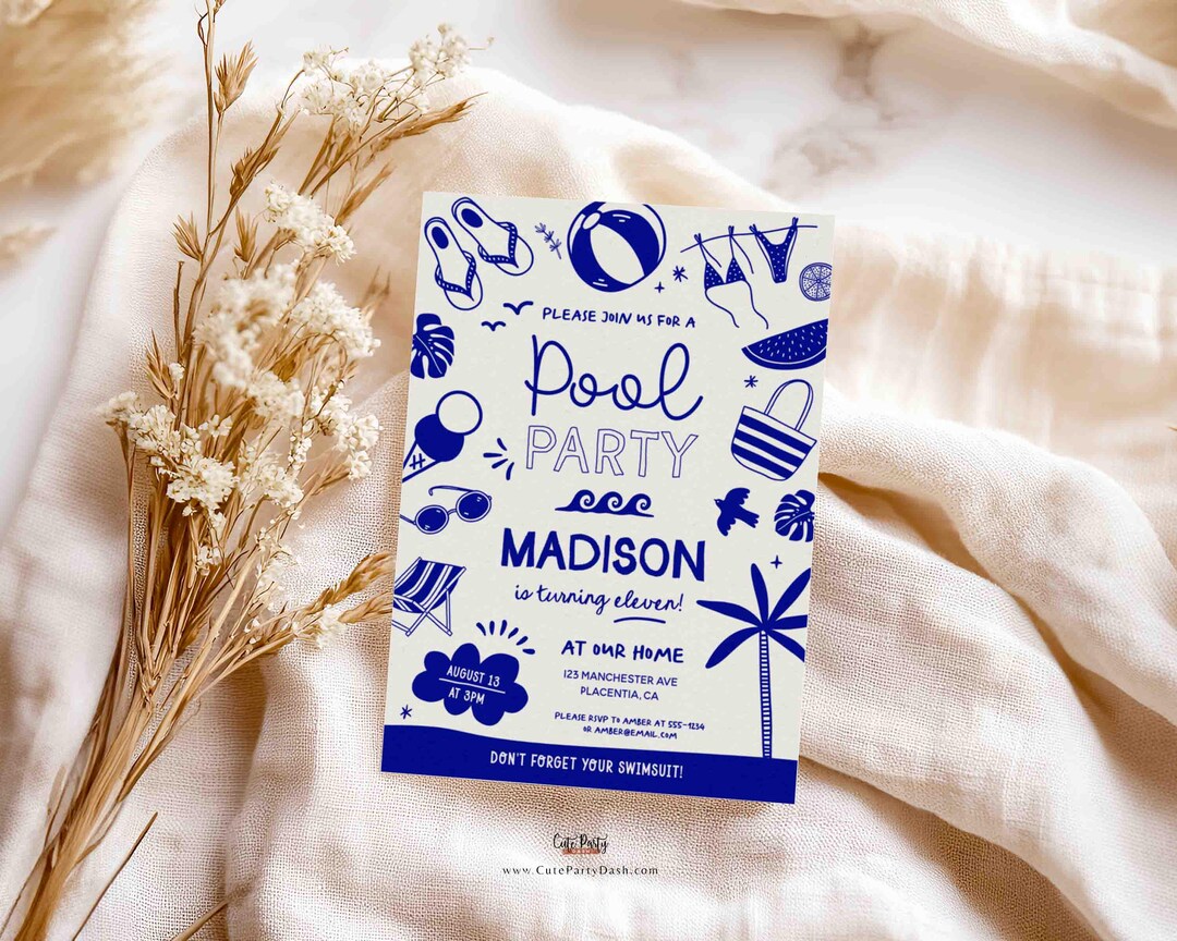 Hand Drawn Pool Party Birthday Invitation Printable INSTANT DOWNLOAD ...