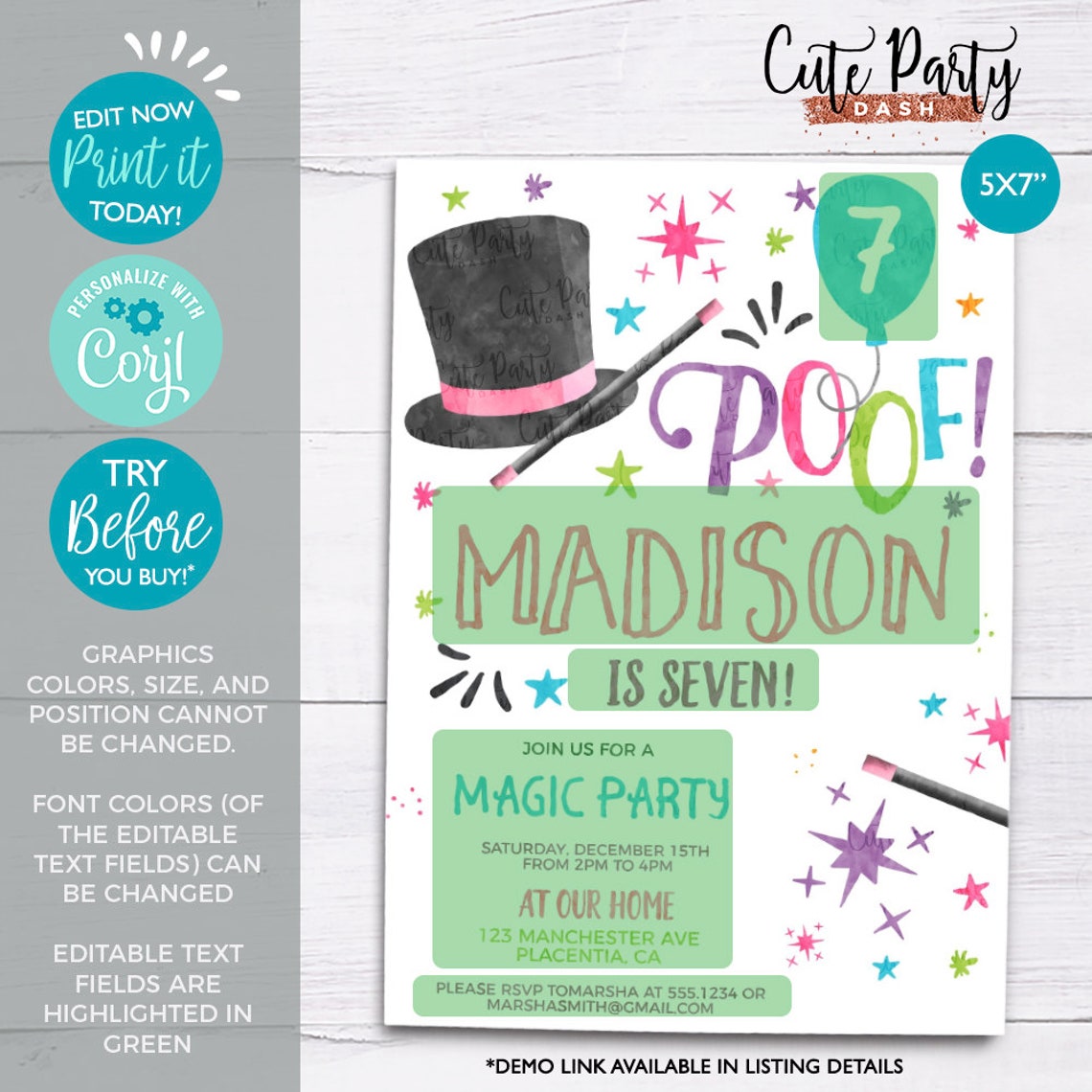 Editable Magic Birthday Invitation: Girl's Party, 5x7 (digital Download ...