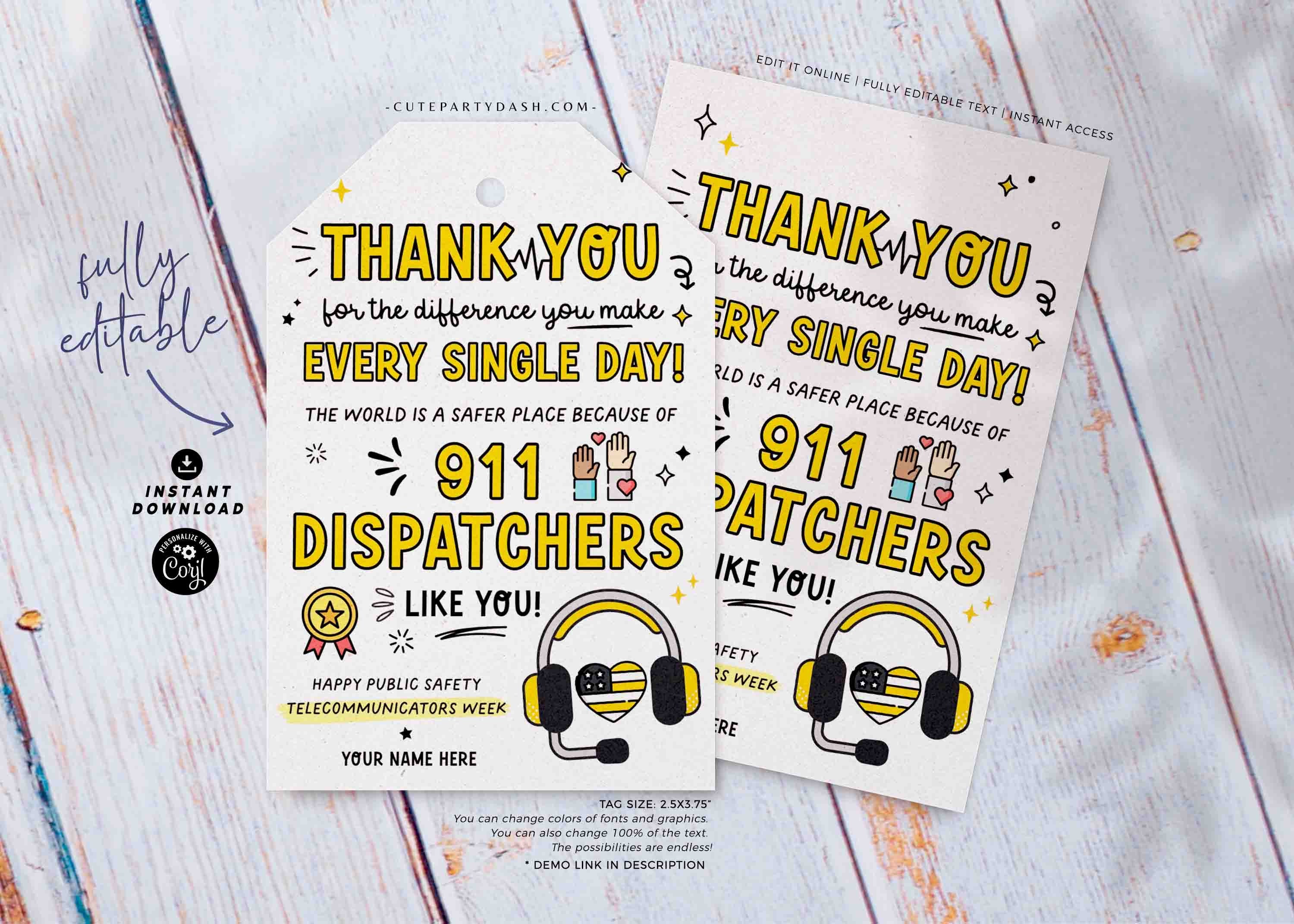 911 Dispatcher Thank You Gift Tags: Editable Appreciation (digital ...