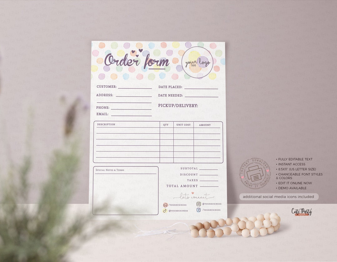 Editable Order Form Template: Watercolor Rainbow Design (instant ...