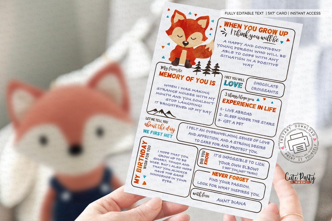 Fox First Birthday Time Capsule Card, Woodland Fox Birthday Decor ...