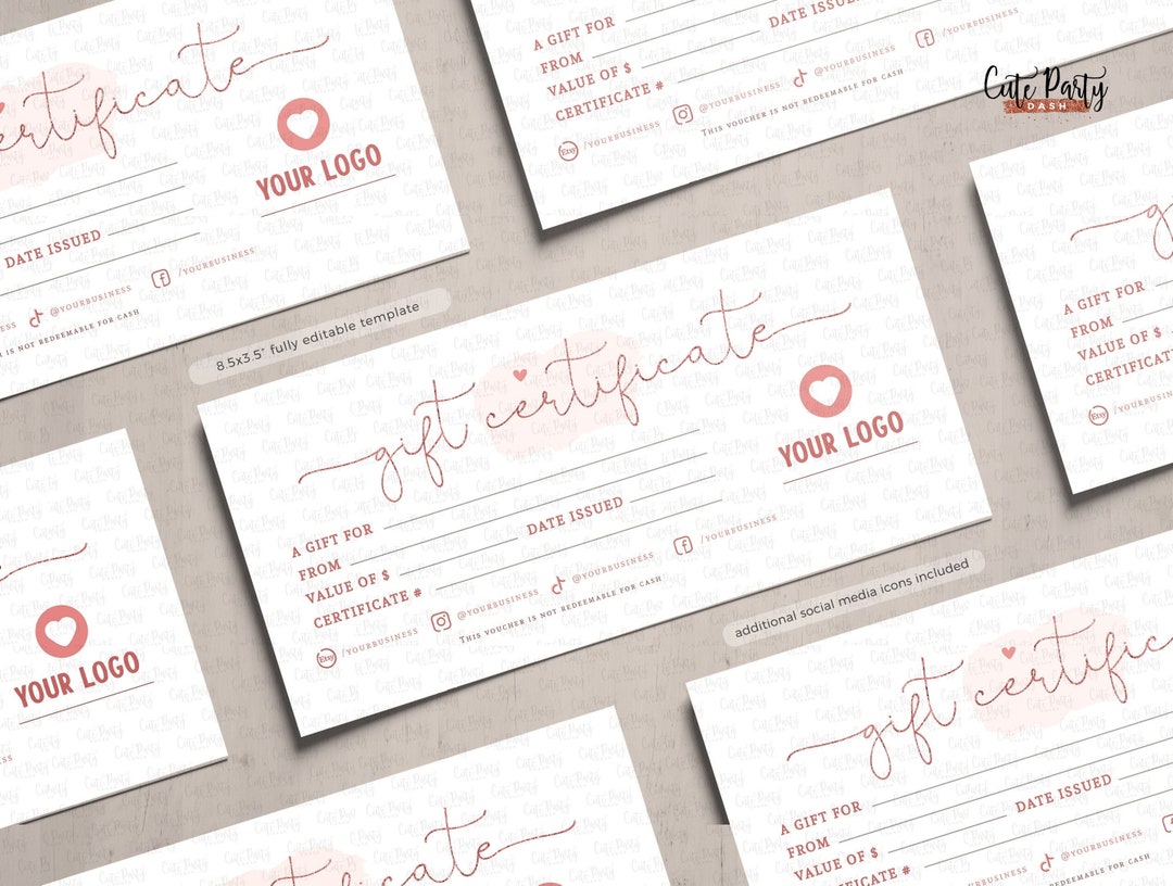 Pink Gift Certificate Editable Template, INSTANT DOWNLOAD, Add Your ...