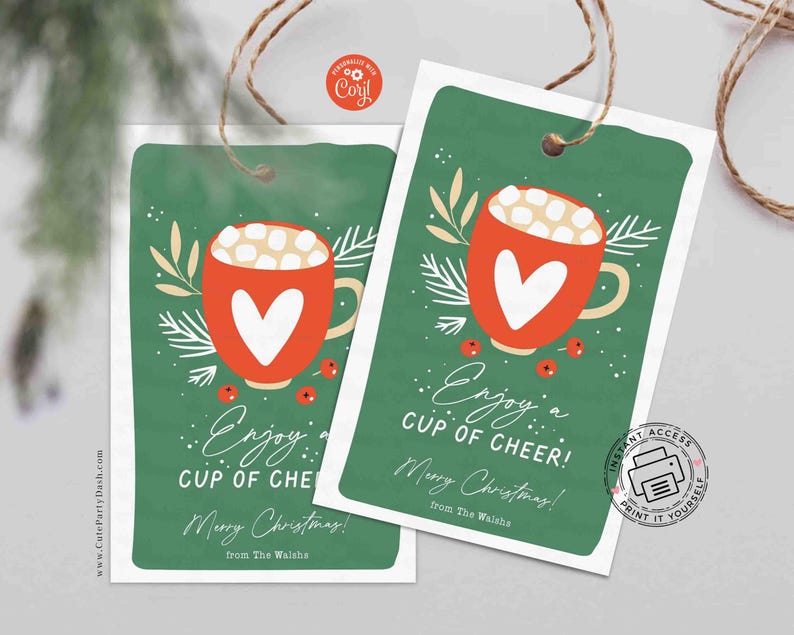 Editable Christmas Gift Tag Printable, Hot Chocolate Mug (instant ...