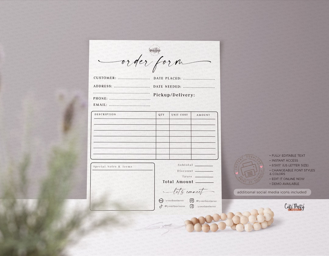 Modern Calligraphy Order Form Template: Editable Small Business Form ...