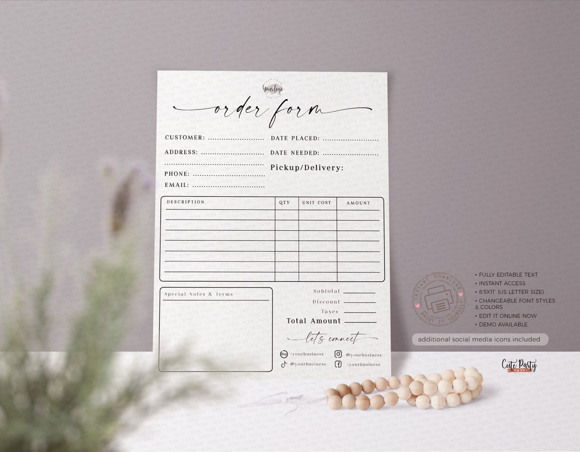 Modern Calligraphy Order Form Template INSTANT DOWNLOAD - Etsy