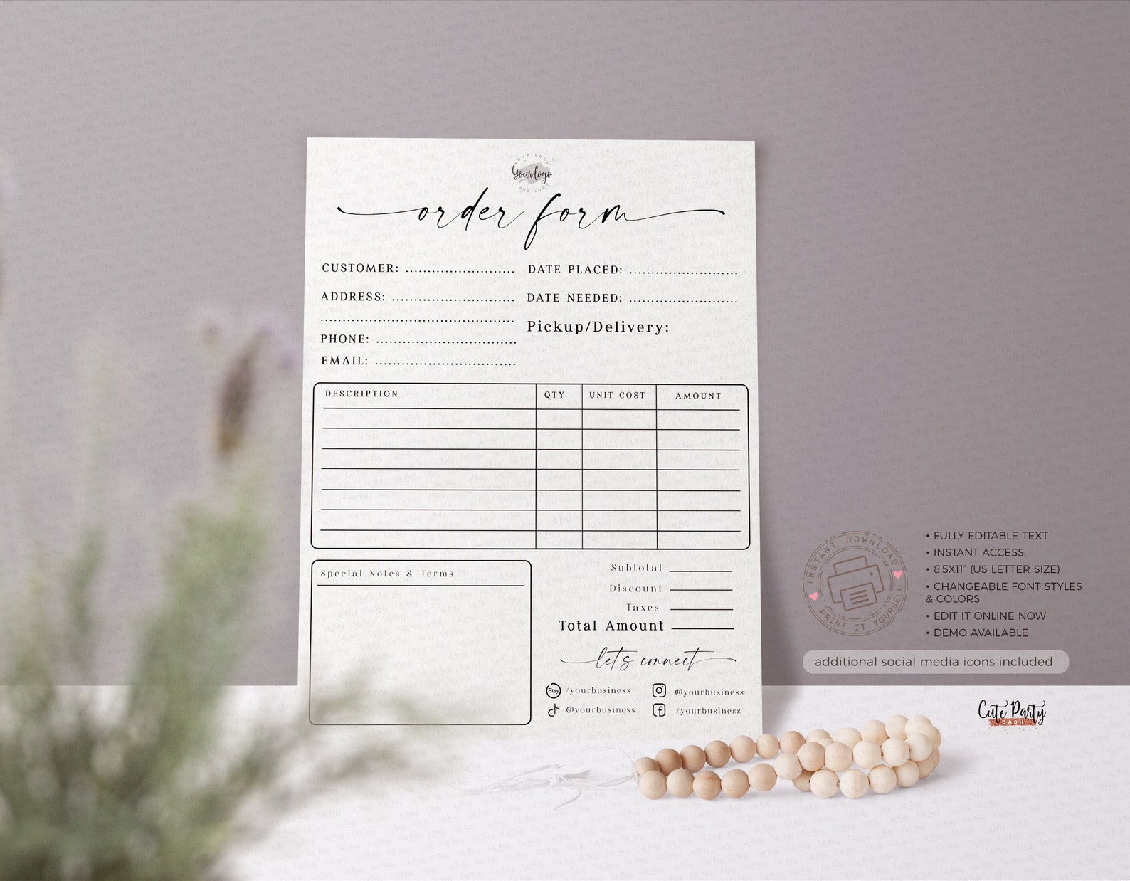 Modern Calligraphy Order Form Template INSTANT DOWNLOAD - Etsy