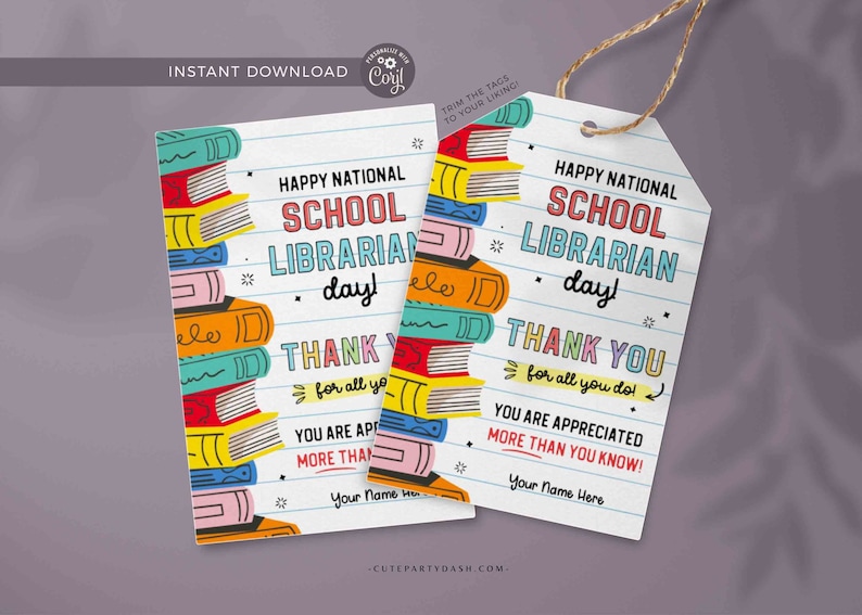 School Librarian Appreciation Gift Tag Printable Editable - Etsy