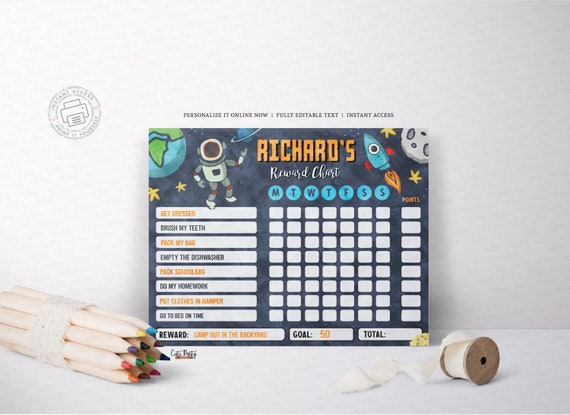 Editable Space Reward Chart for kids Printable Astronaut | Etsy