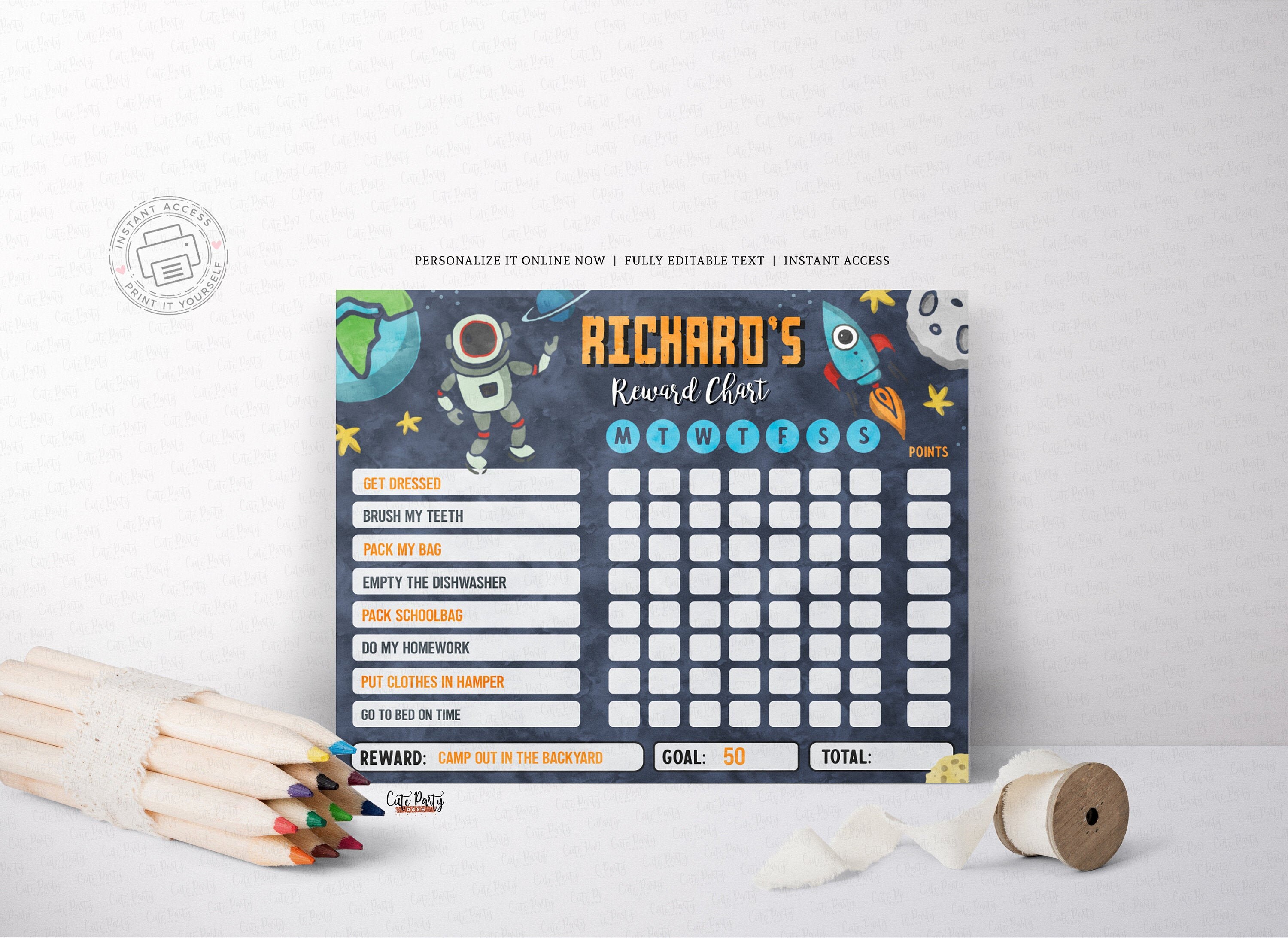 Editable Space Reward Chart for Kids Printable Astronaut - Etsy UK