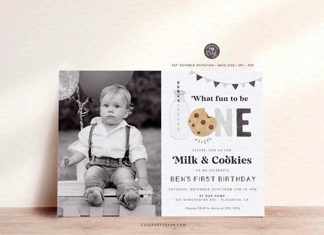 Milk and Cookies Birthday Invitation: Minimalist Black & White (digital ...
