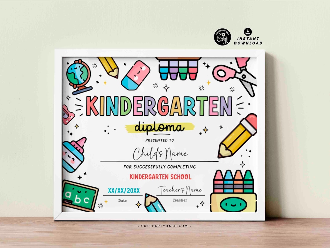Kindergarten Graduation Diploma Printable INSTANT DOWNLOAD Elementary ...