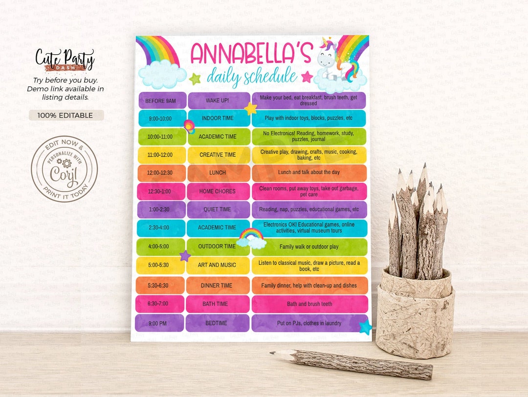 Editable Unicorn Daily Schedule: Rainbow Homeschool Planner (instant ...