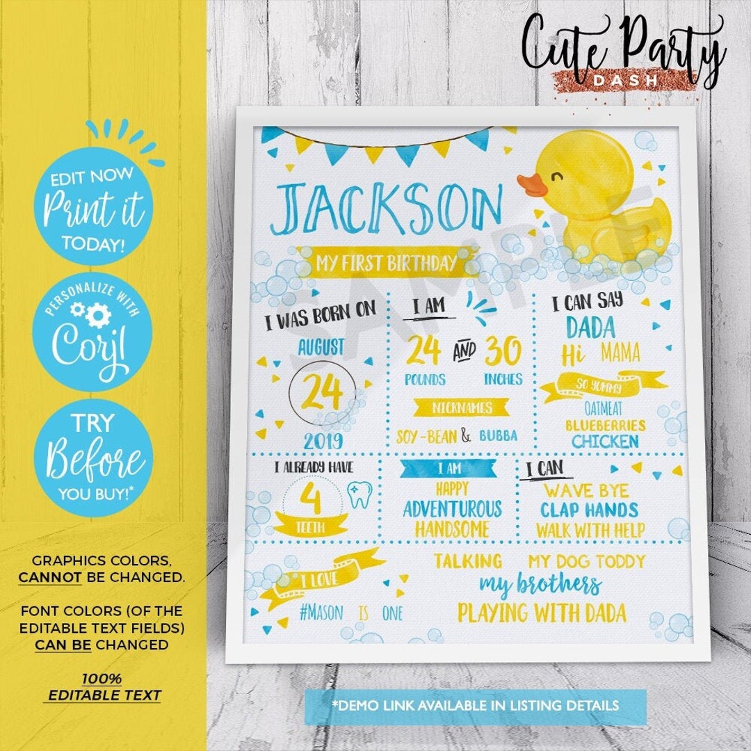 INSTANT DOWNLOAD, EDITABLE Rubber Ducky Birthday Chalkboard Sign Yellow ...