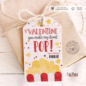 INSTANT DOWNLOAD, Valentine Popcorn Tags, Valentine's Day Card for Kids ...