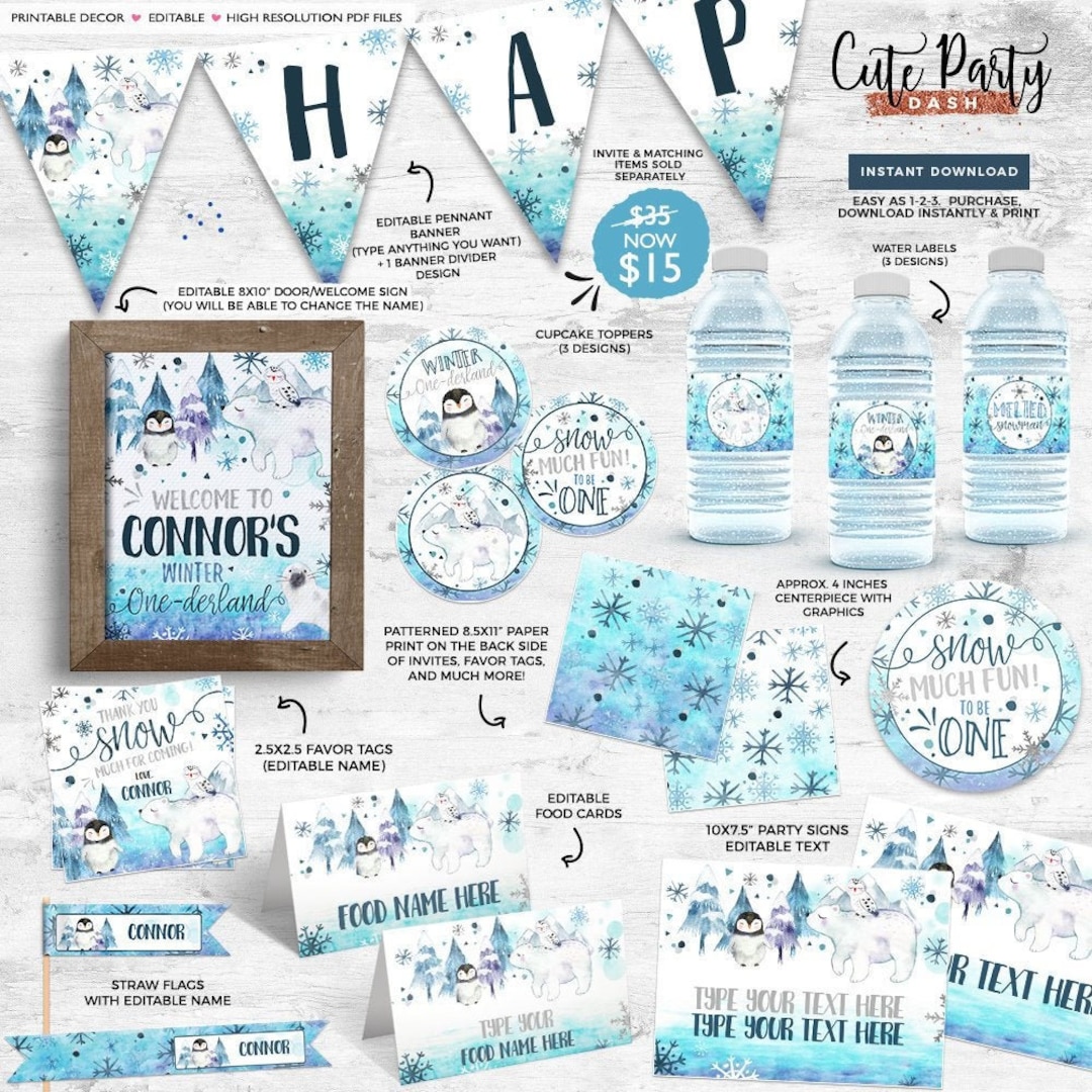 Editable Winter One-derland Birthday Decoration, Penguin Birthday ...