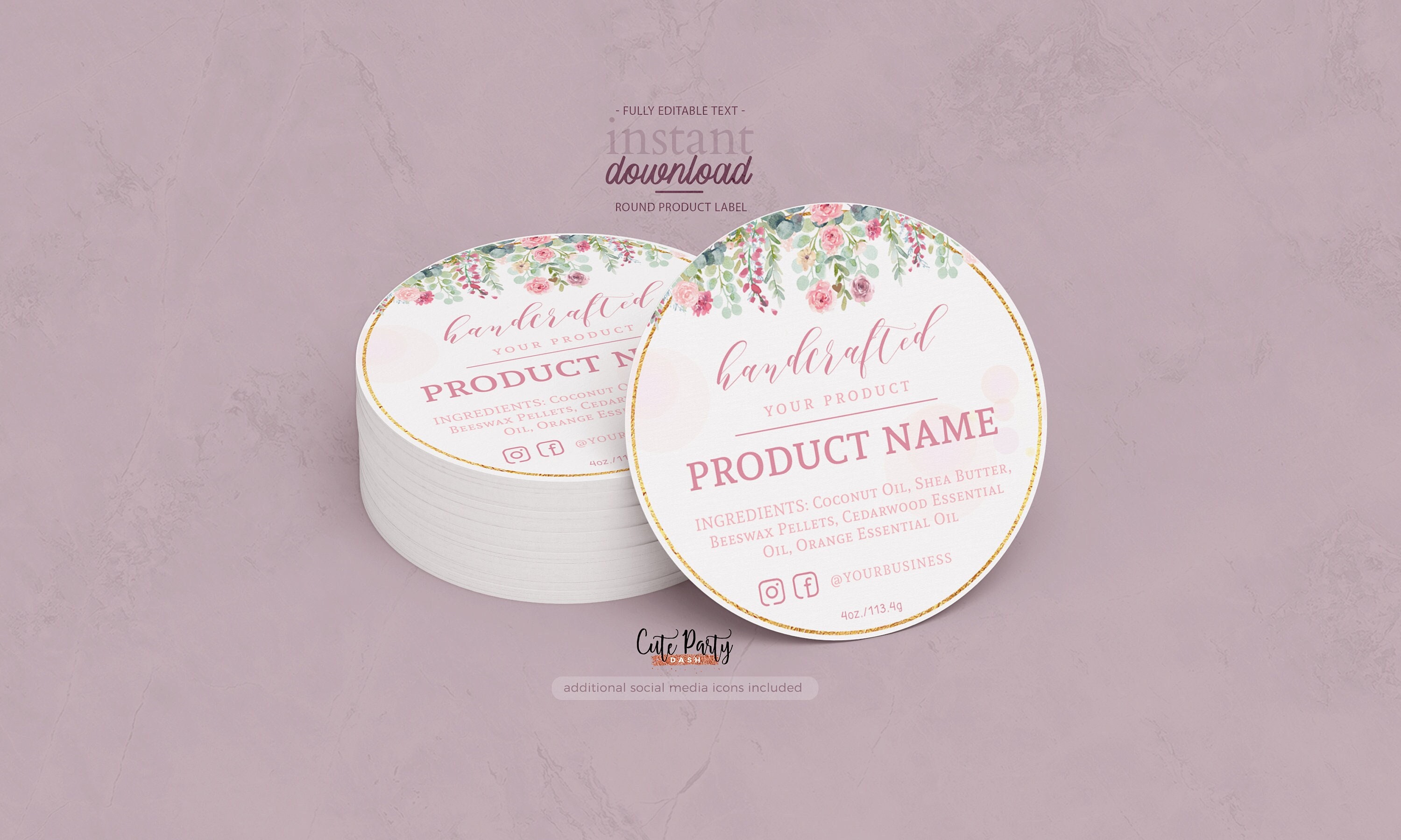 Greenery Pink and Gold Floral Round Product Label Editable | Etsy