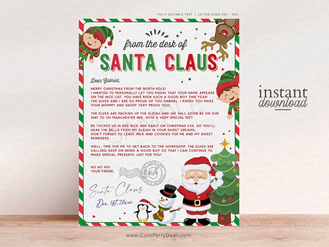Editable Personalized Letter From Santa Template, Printable Custom ...