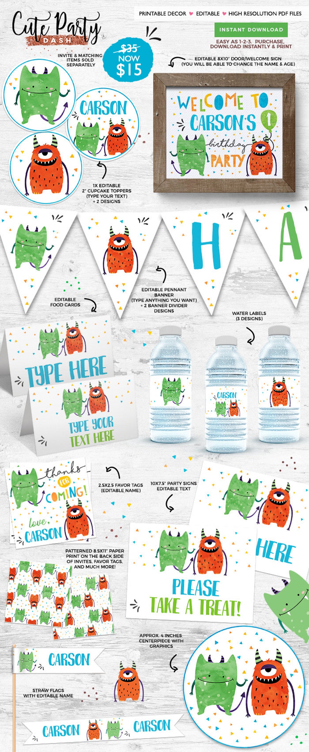 INSTANT DOWNLOAD - EDITABLE Little Monster Birthday Decorations ...