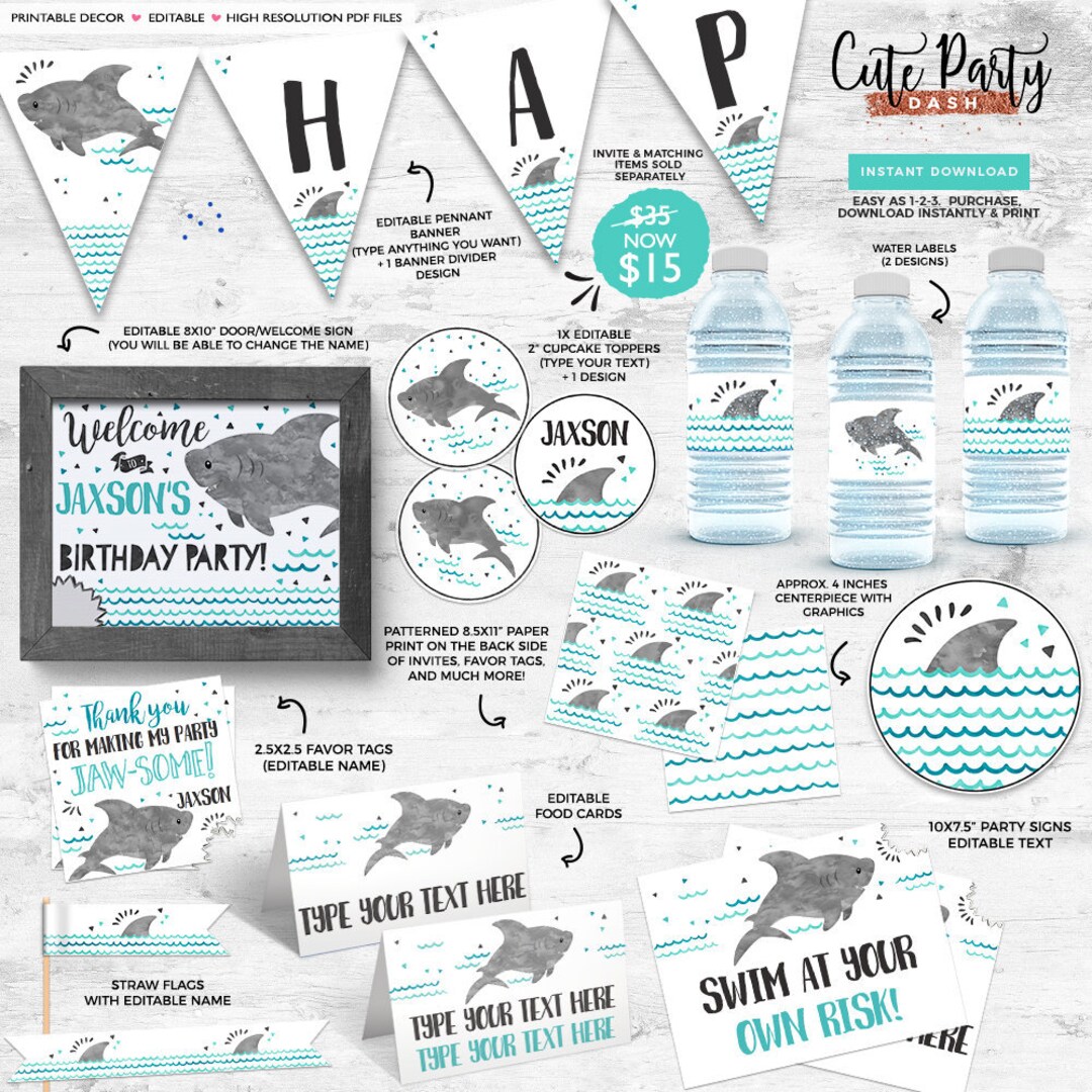 INSTANT DOWNLOAD, EDITABLE Shark Birthday Decoration, Printable Sharks ...
