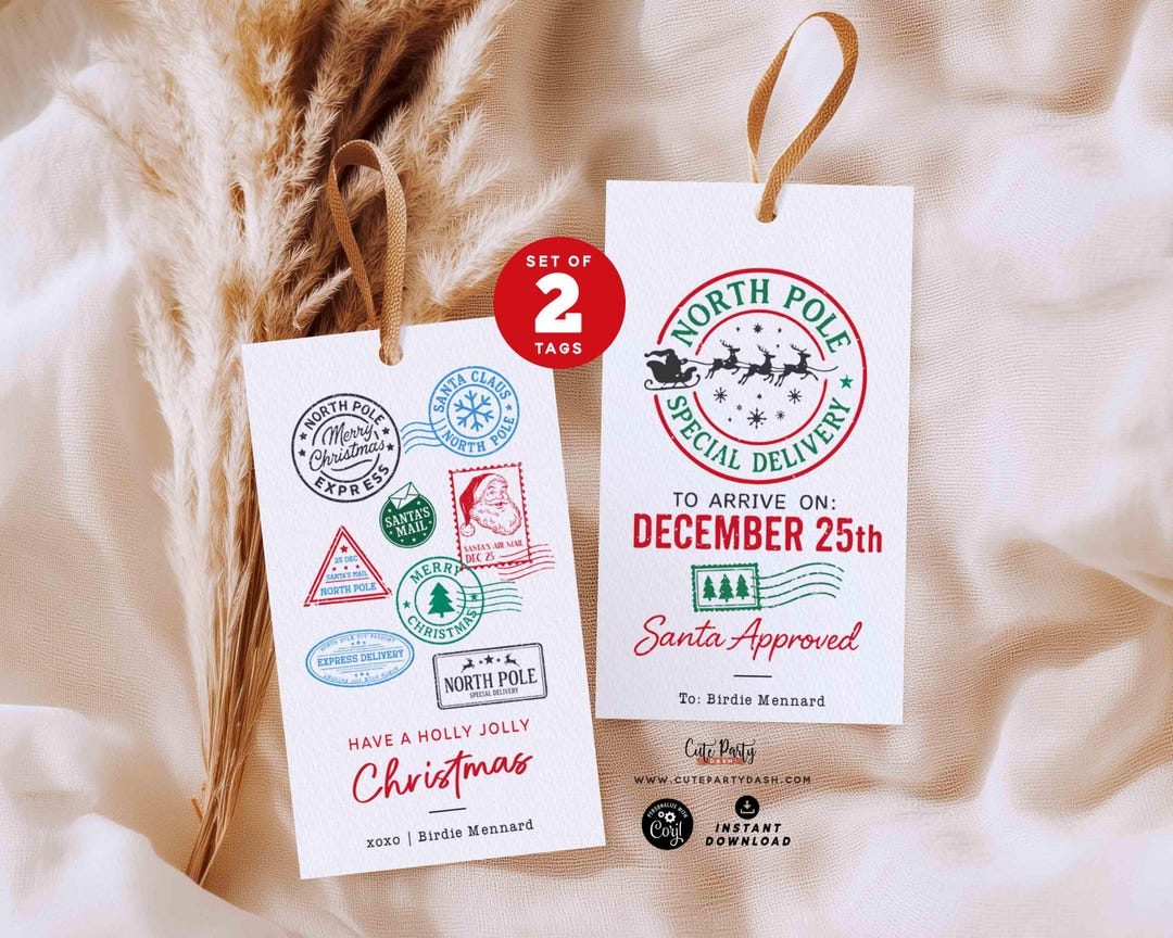 North Pole Christmas Gift Tags, Printable Santa Mail Label Set of 2 ...