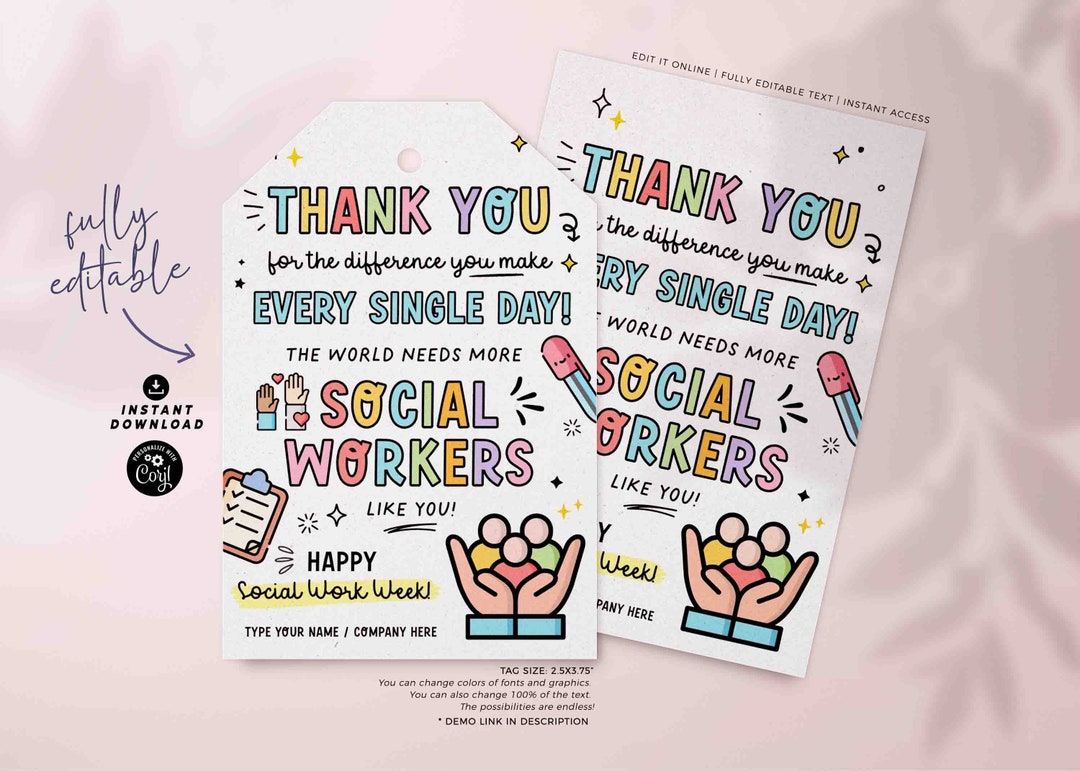 Social Worker's Month Gift Tags Printable INSTANT DOWNLOAD Editable ...
