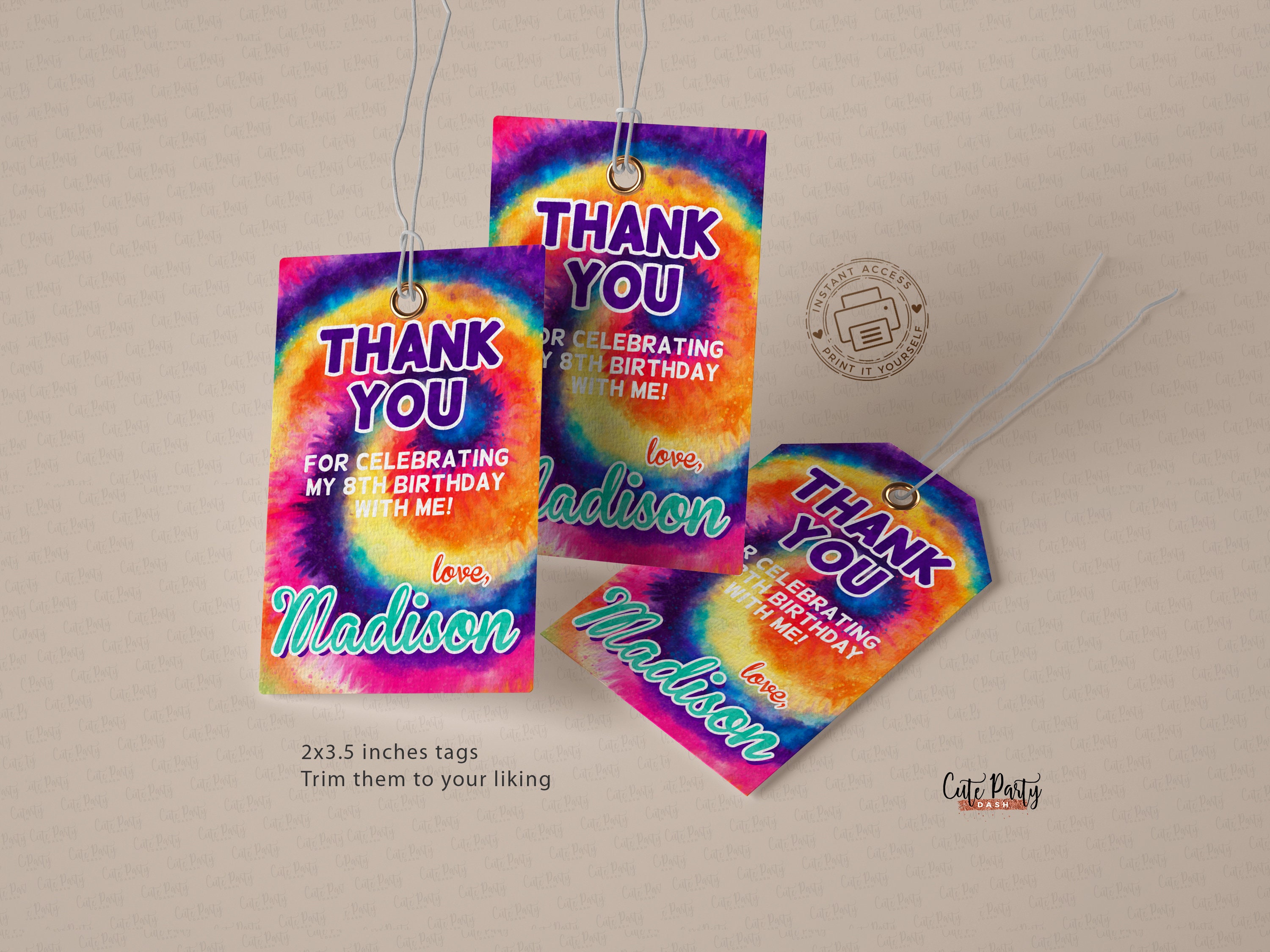 INSTANT DOWNLOAD EDITABLE Tie Dye Birthday Favor Tags Rainbow - Etsy