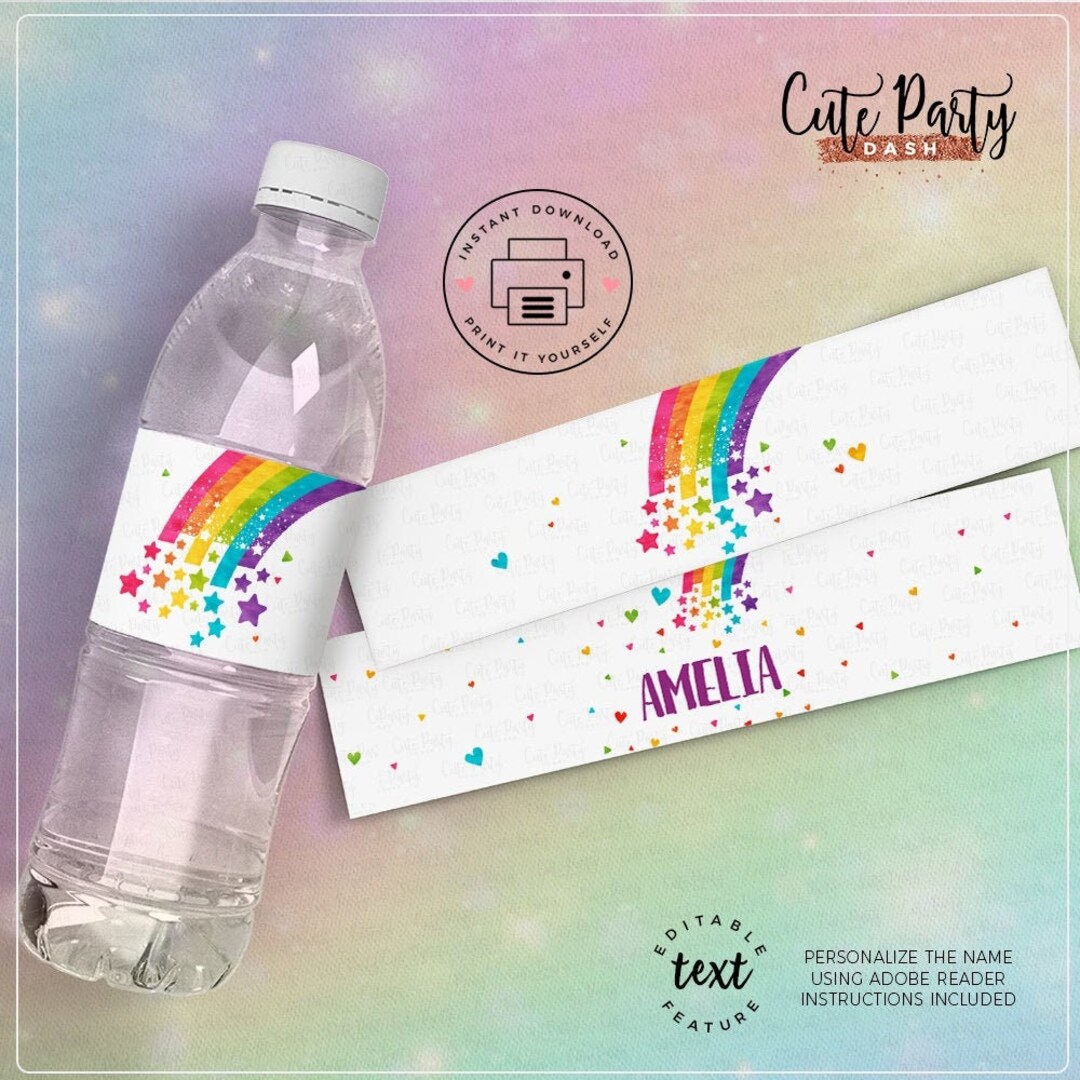 INSTANT DOWNLOAD, Editable Rainbow Birthday Decorations, Water Bottle ...