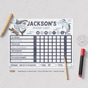 Editable Sharks Reward Chart for Kids, Printable Shark Incentive Chore ...