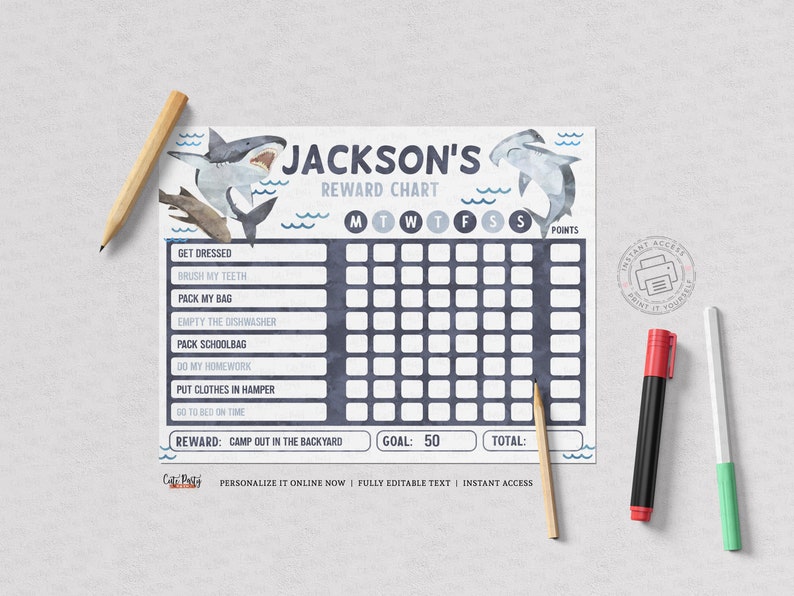 Editable Sharks Reward Chart for Kids Printable Shark - Etsy