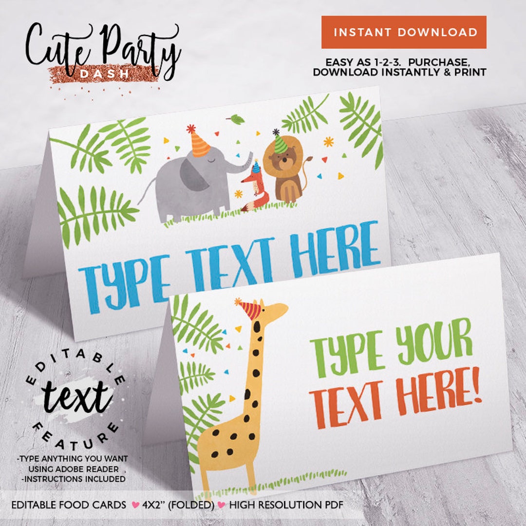 INSTANT DOWNLOAD - EDITABLE Party Animals Food Cards Zoo Party Animal ...