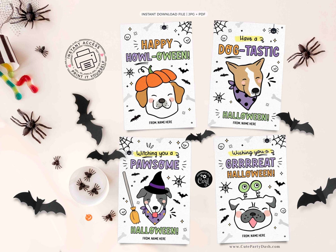 Dogs Halloween Card Bundle for Kids INSTANT DOWNLOAD Editable Happy ...