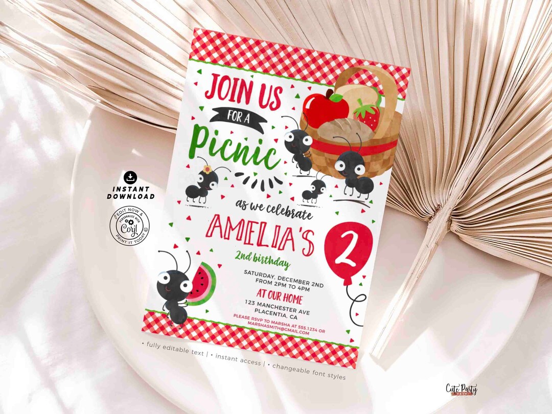 Picnic Party Invitation Printable INSTANT DOWNLOAD Summer Picnic Theme ...