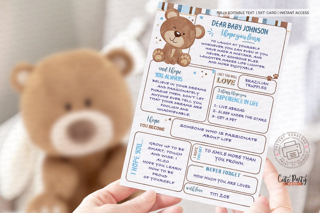 Editable Little Bear Baby Shower Wishes for Baby Cards, Teddy Bear ...