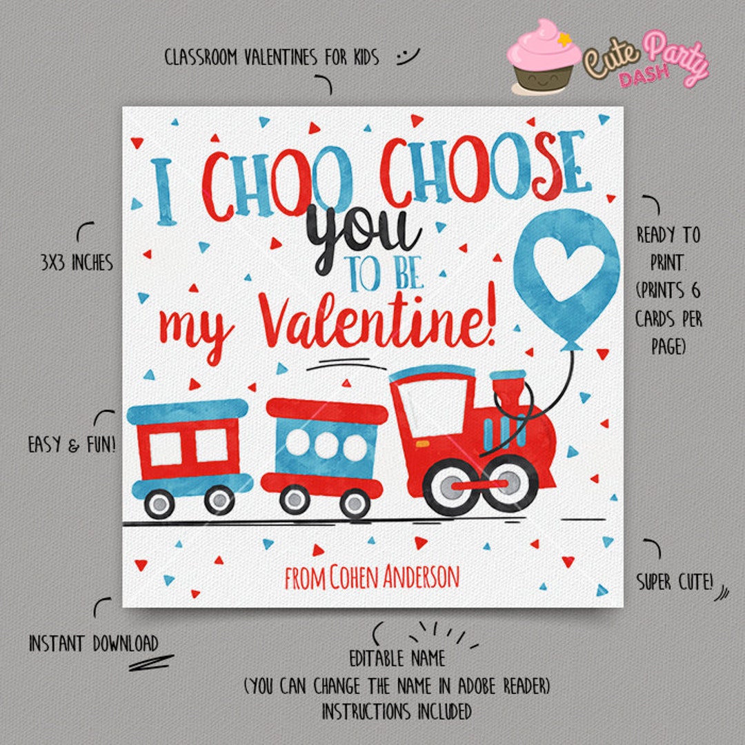 INSTANT DOWNLOAD - EDITABLE Valentine's Day Card Choo Choo Kids ...