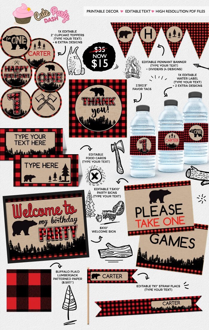 INSTANT DOWNLOAD EDITABLE Lumberjack Birthday Food Cards | Etsy
