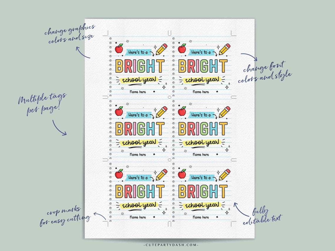 Bright School Year Gift Tag: Editable Template (instant Download) - Etsy