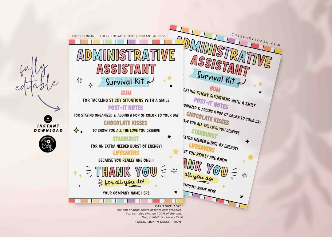 Administrative Assistant Survival Kit Tag: Printable Thank You Card ...