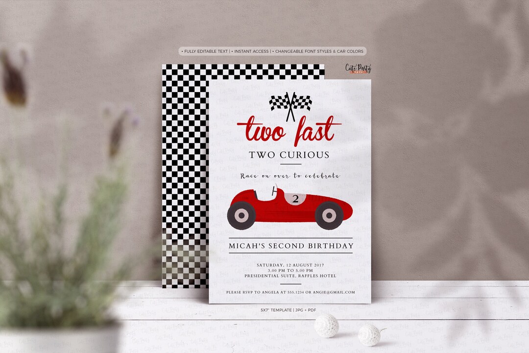 Two Fast Two Curious Birthday Invitation: Race Car Party (digital ...