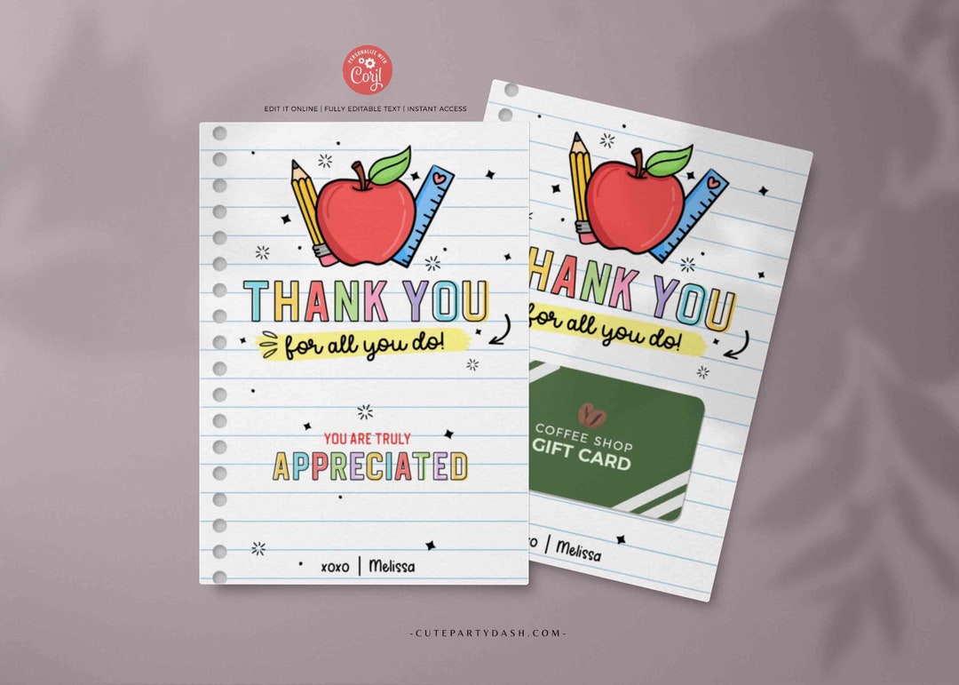Editable Teacher Thank You Gift Card Holder (digital Download) - Etsy