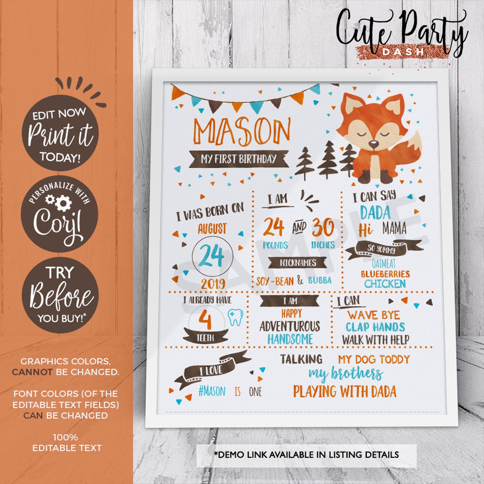 Fox First Birthday Invitation, INSTANT DOWNLOAD, EDITABLE Woodland ...