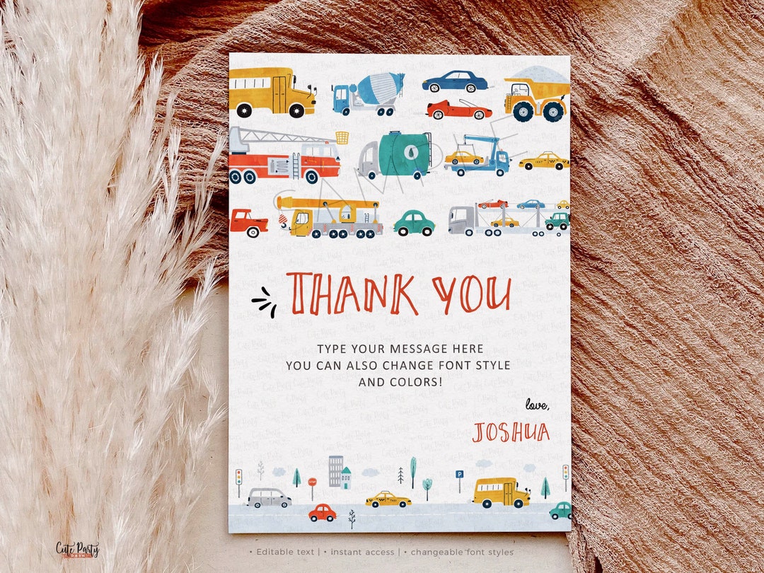 Editable Transportation Birthday Thank You Card, Thank You Note ...