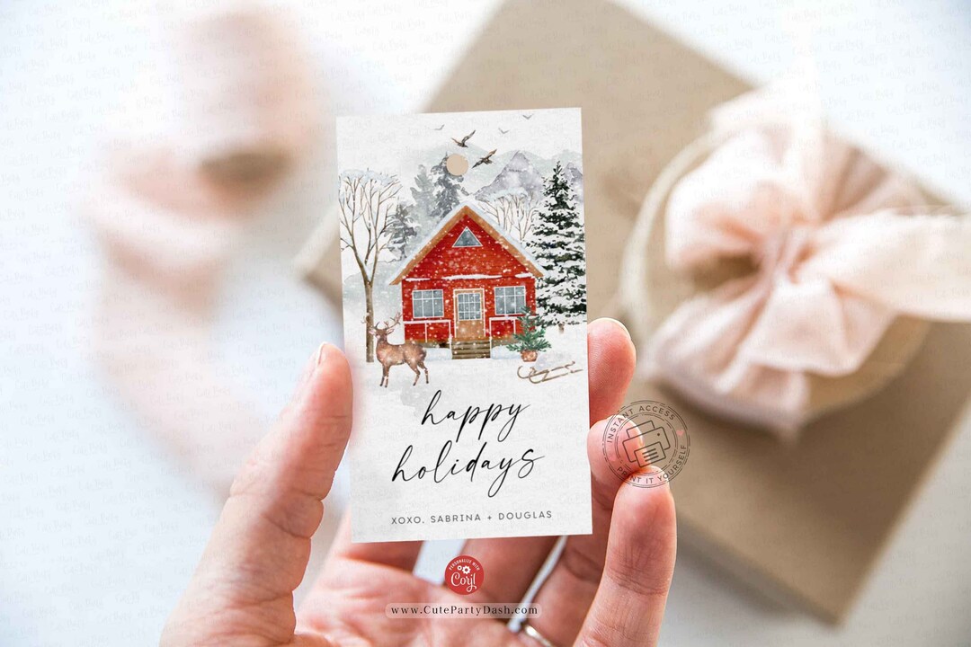 Happy Holidays Gift Tags, Editable Merry Christmas Winter Forest Hang ...