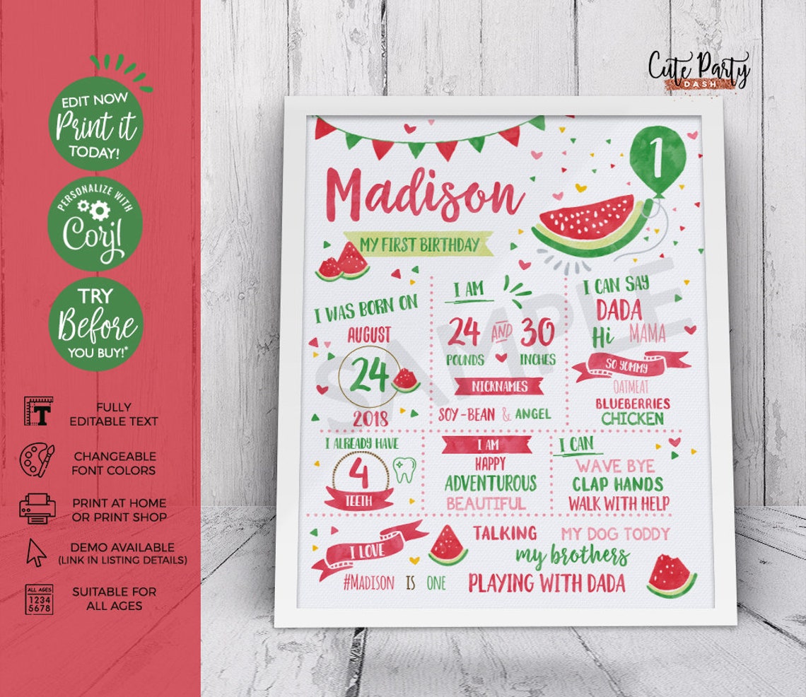 INSTANT DOWNLOAD EDITABLE Watermelon Birthday Photo | Etsy
