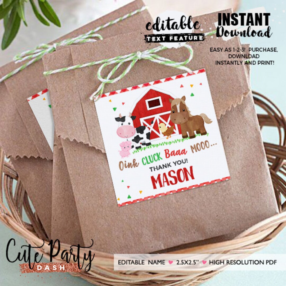 INSTANT DOWNLOAD - EDITABLE Barnyard Birthday Favor Tag Farm Animals ...