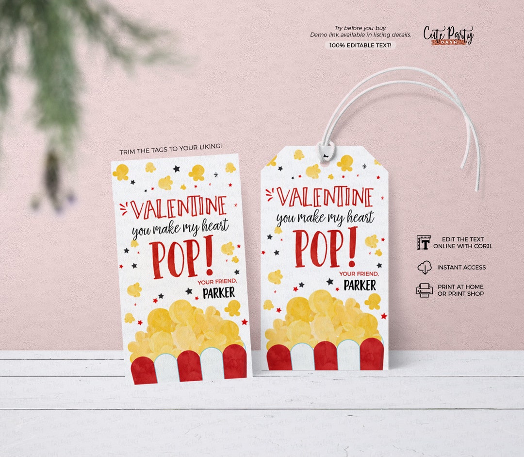 INSTANT DOWNLOAD, Valentine Popcorn Tags, Valentine's Day Card for Kids ...