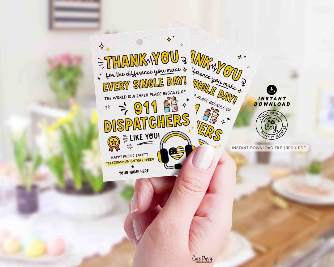 911 Dispatcher Thank You Gift Tags: Editable Appreciation (digital ...