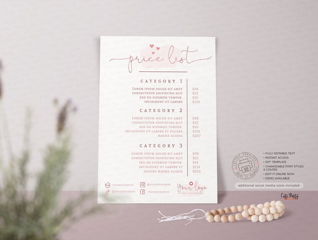 Pink Price List Template Editable, INSTANT DOWNLOAD, Printable Price ...
