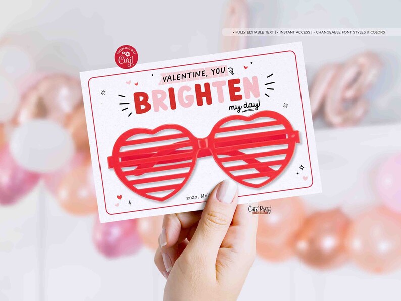 Heart Sunglasses Valentine's Day Card: Editable Classroom Gift Tag ...