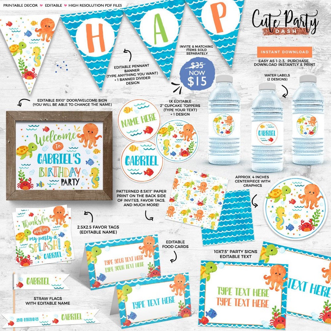 INSTANT DOWNLOAD - EDITABLE Under the Sea Decorations Ocean Birthday ...