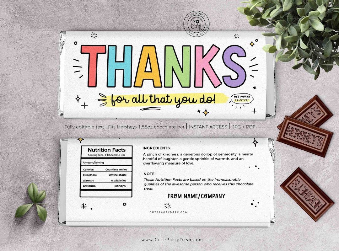 Thank You Gift Chocolate Bar Wrapper INSTANT DOWNLOAD Teacher - Etsy